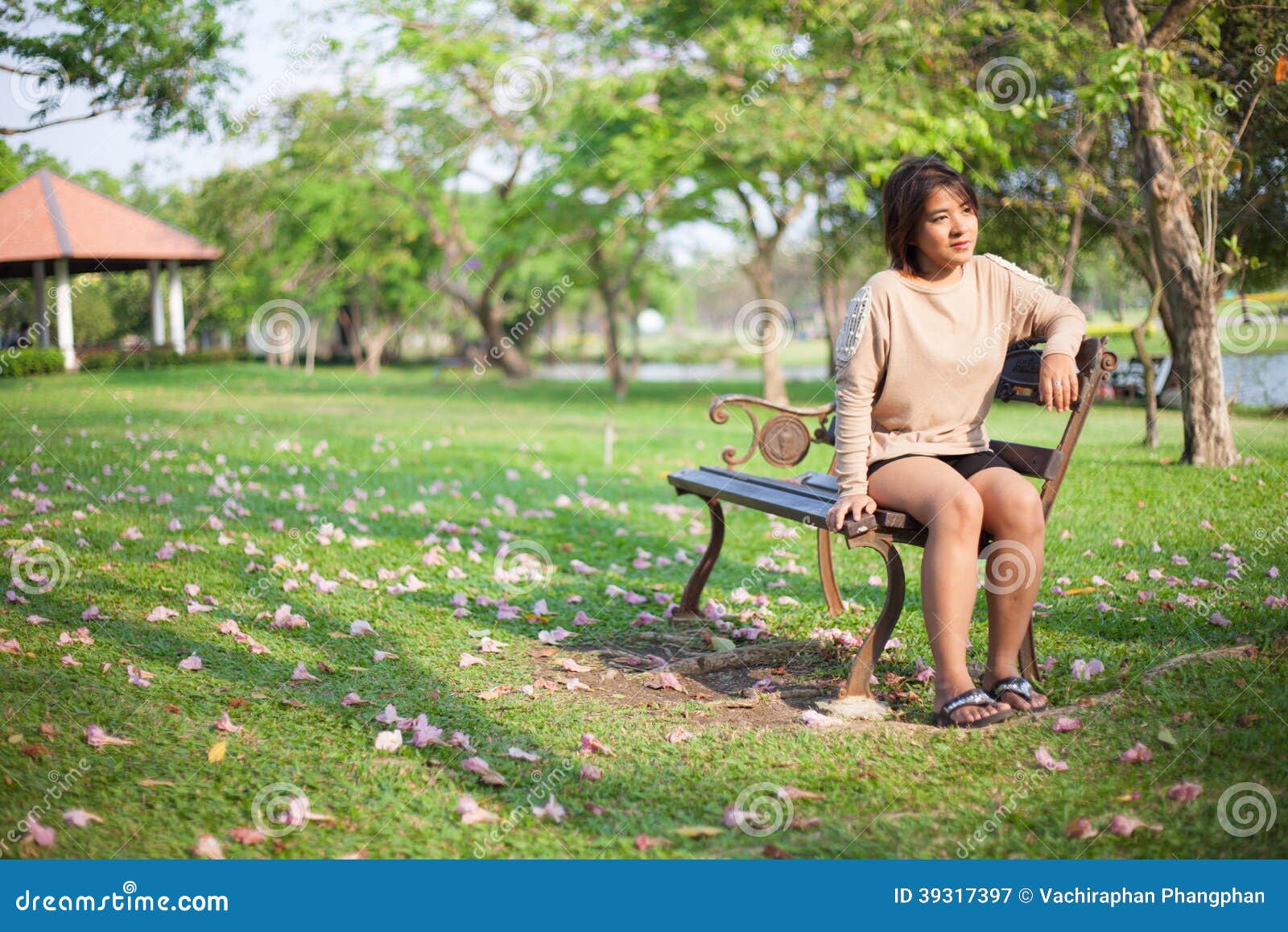 Woman sitting on bench stock image. Image of hair, grass - 39317397
