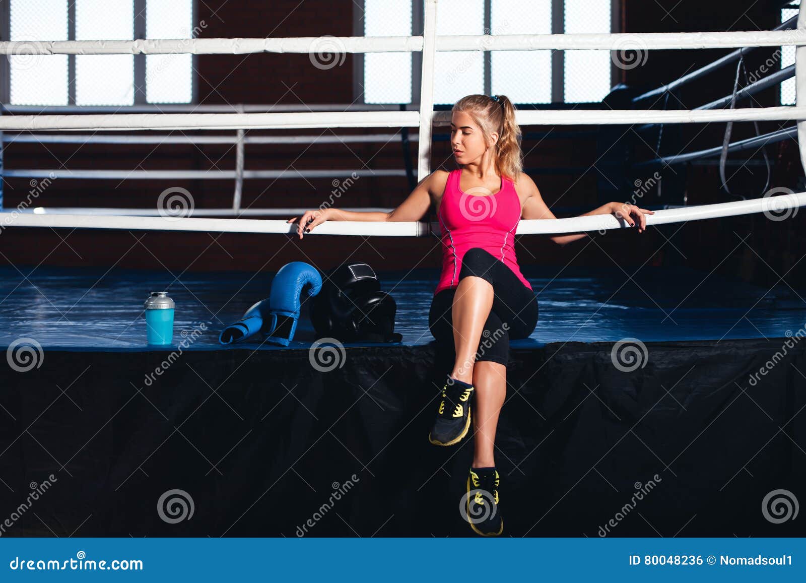 Woman Sitting on the Boxing Ring Stock Photo - Image of active, arms ...