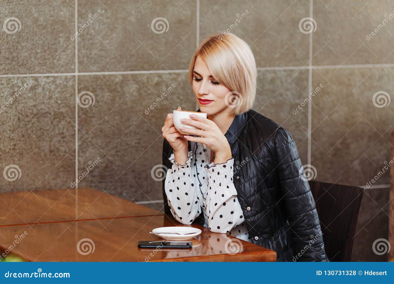 Woman Sitting in Cafe and Drinking Coffee Stock Photo - Image of ...