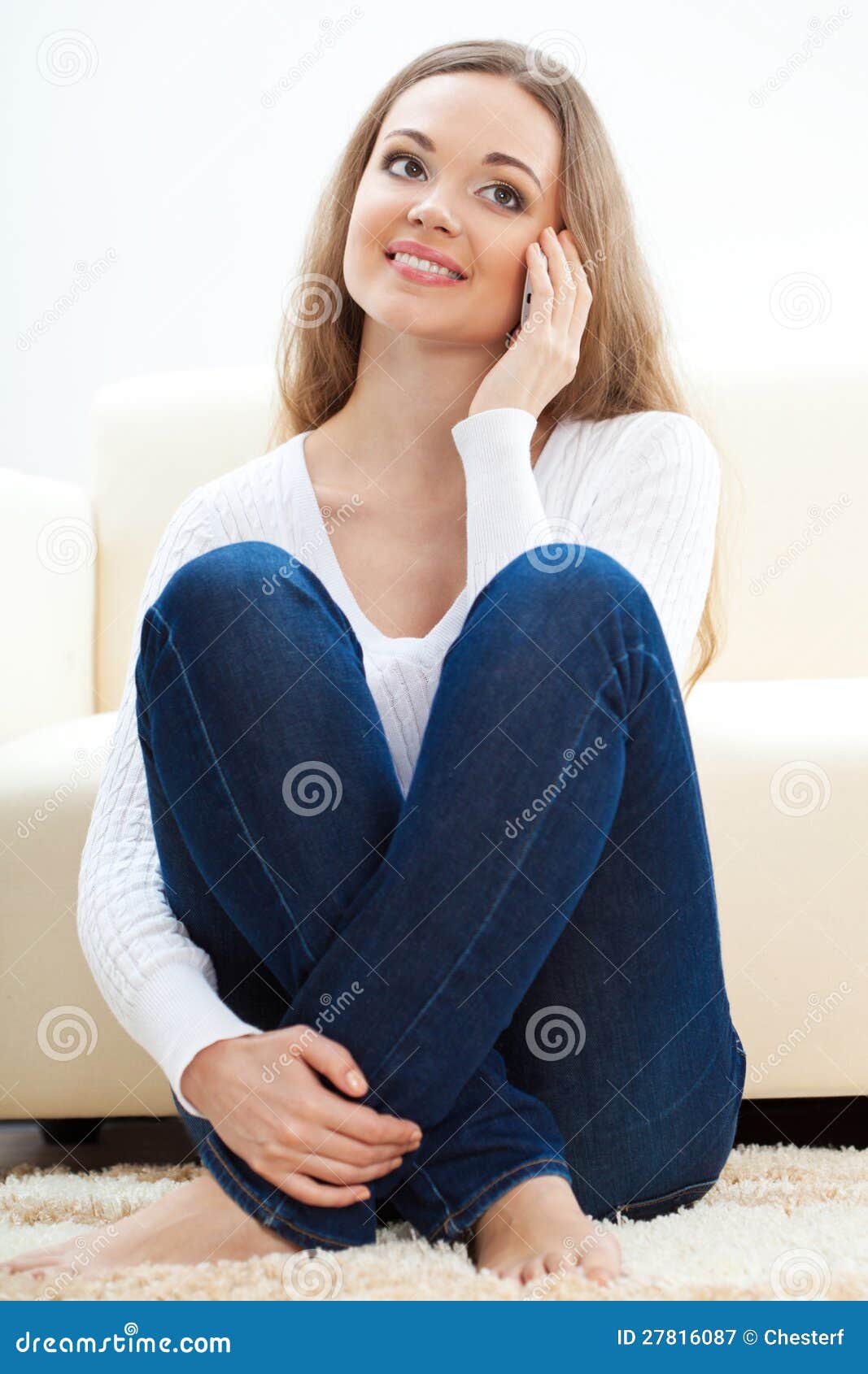 Woman Sitting on Carpet and Talking by Phone Stock Image - Image of ...
