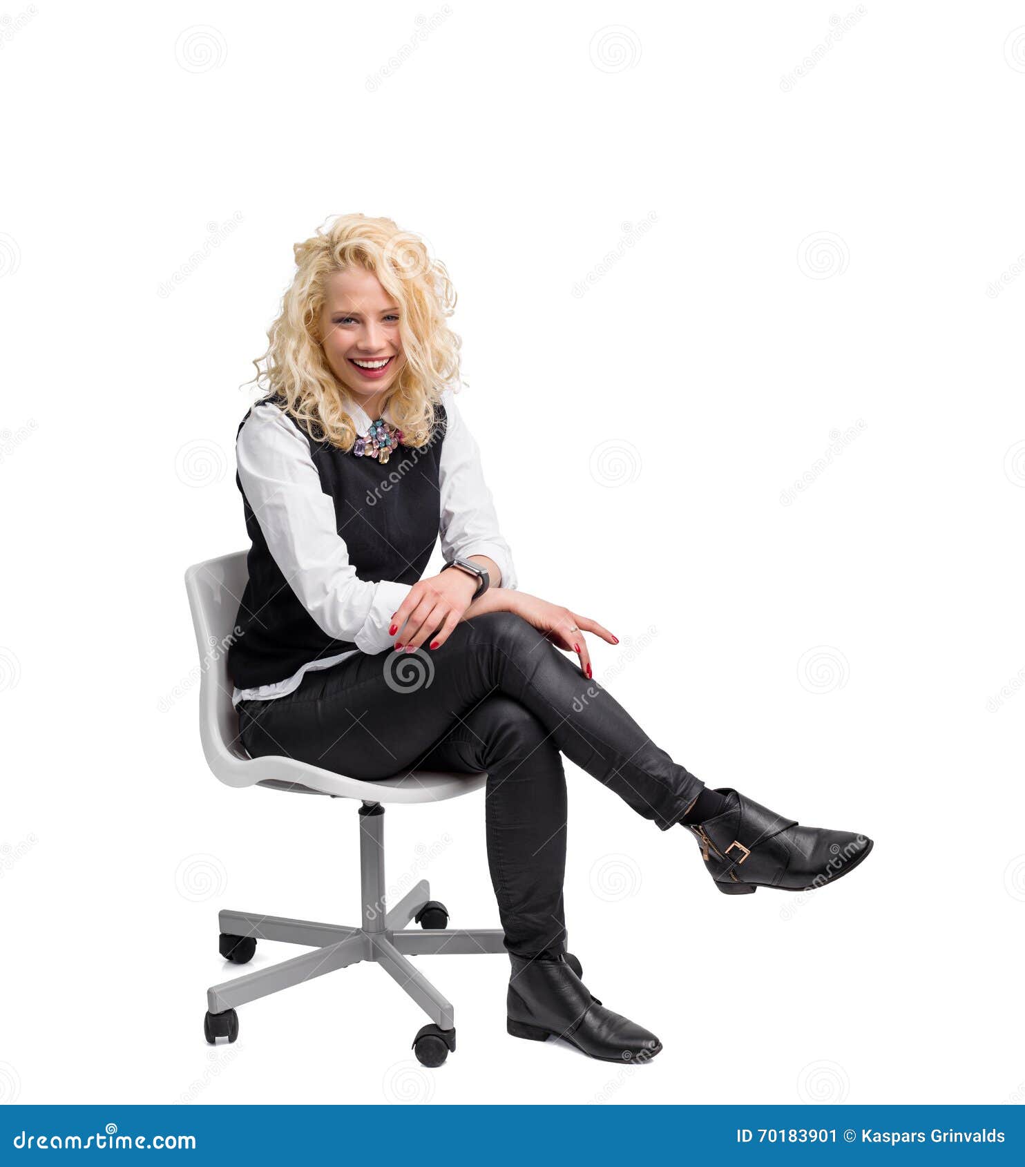 Woman Sitting in Chair and Smiling Stock Image - Image of full, people ...