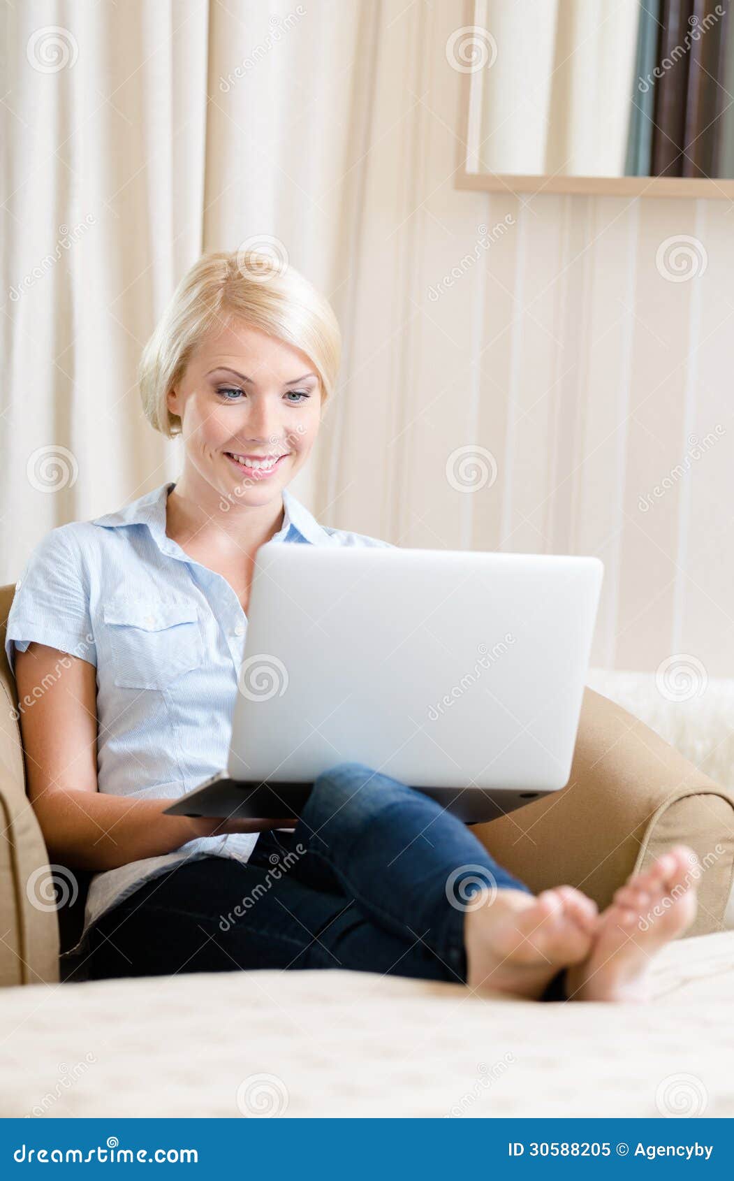 Woman Sitting on the Couch with Computer Stock Image - Image of blonde ...