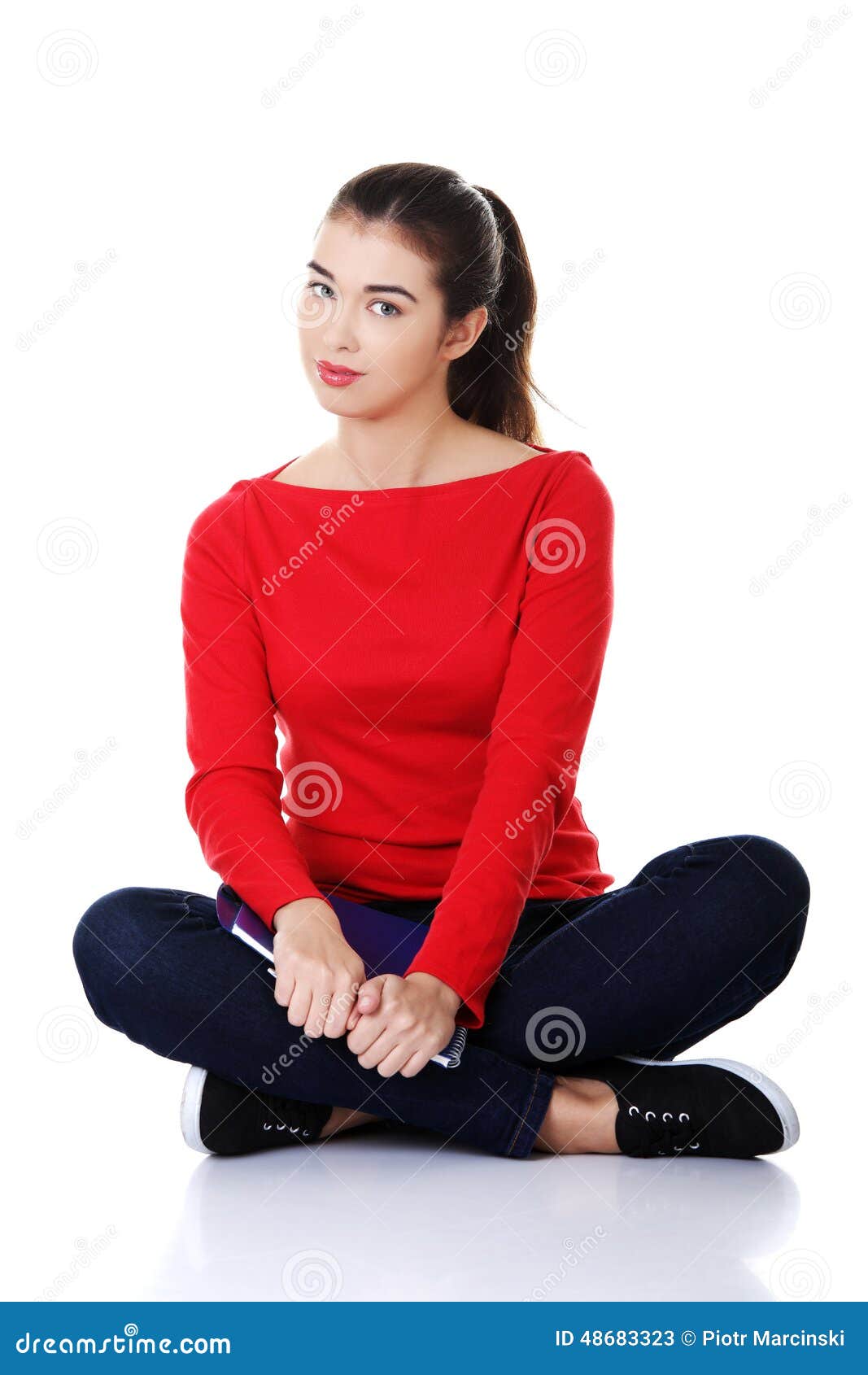 Woman Sitting Cross-legged with Notebook Stock Image - Image of ...