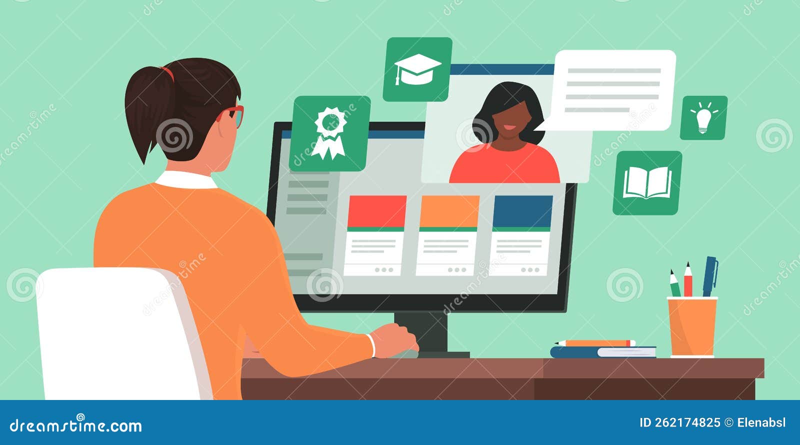 Woman Taking Online Classes on Her Computer Stock Vector - Illustration ...