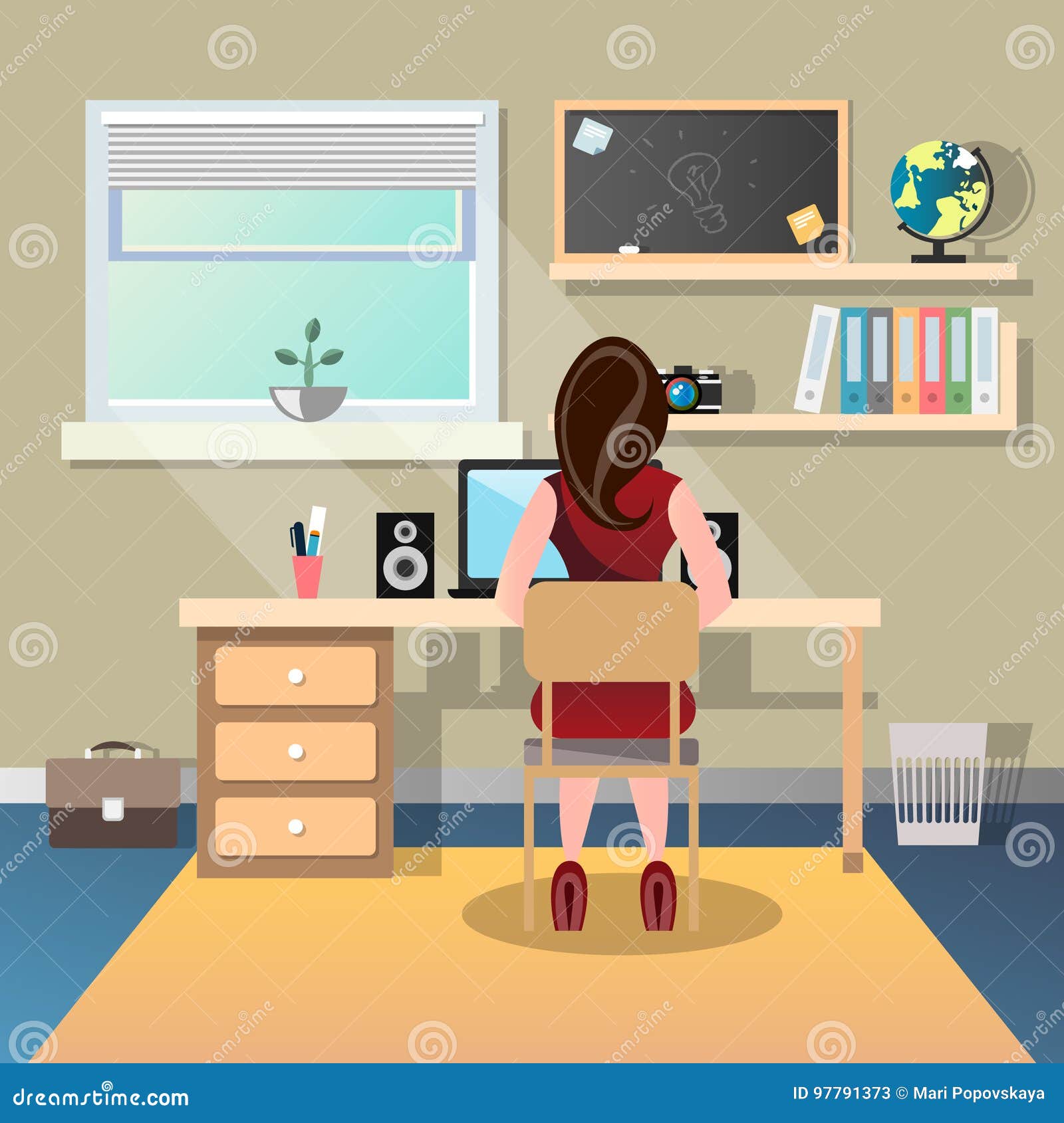 Woman Sitting at a Desk and Working on the Computer Back View Stock ...