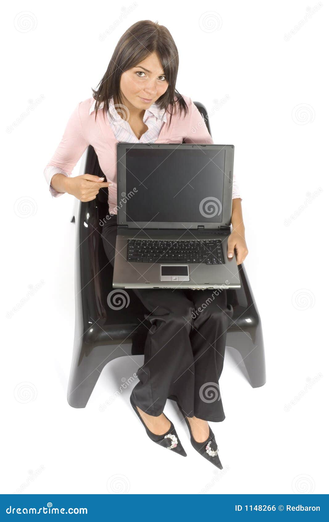 Woman Sitting; Displays Computer Screen Stock Photo - Image of body ...