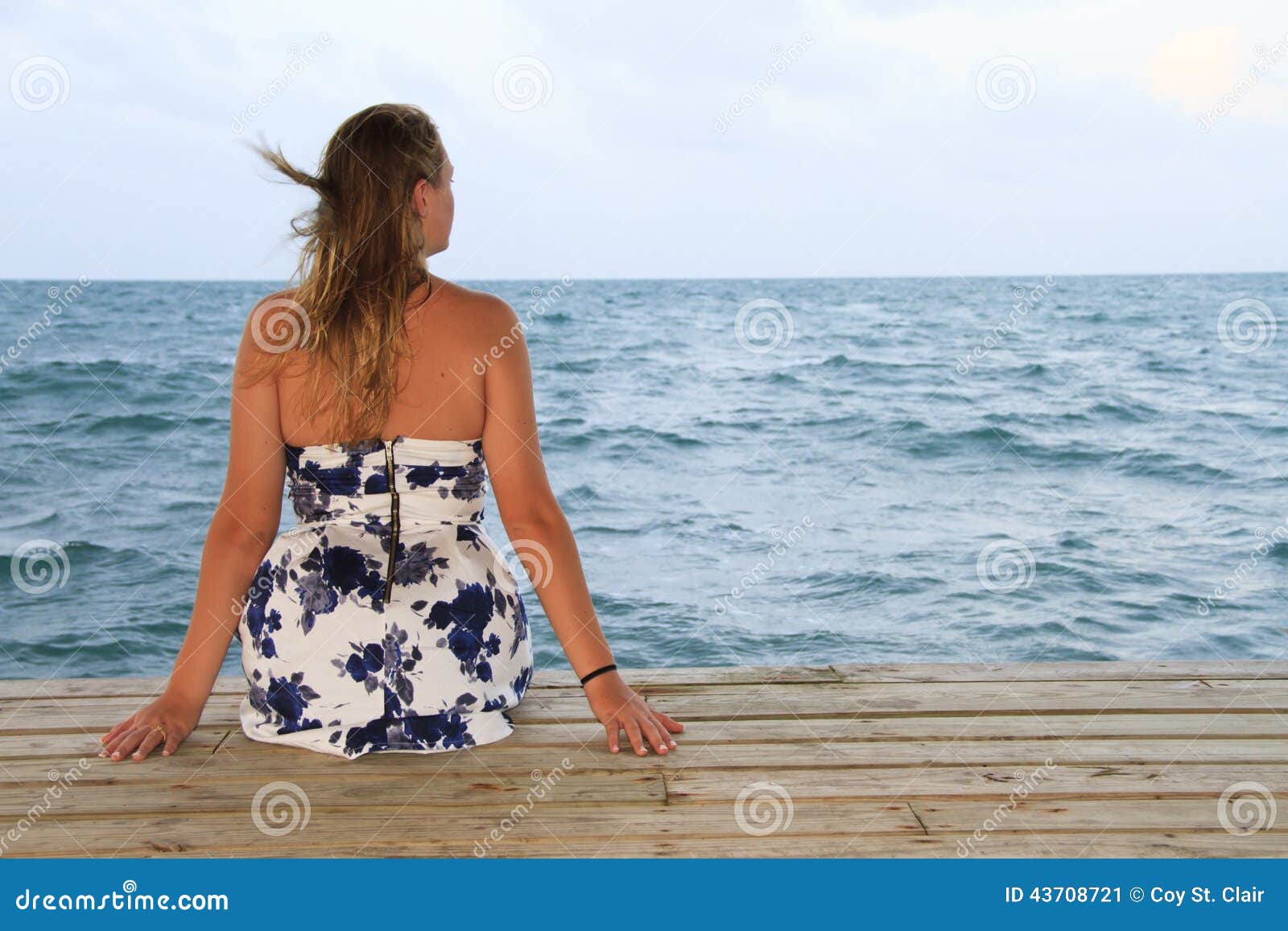 Woman Sitting on Dock, Looking at Ocean Stock Image - Image of tropical ...