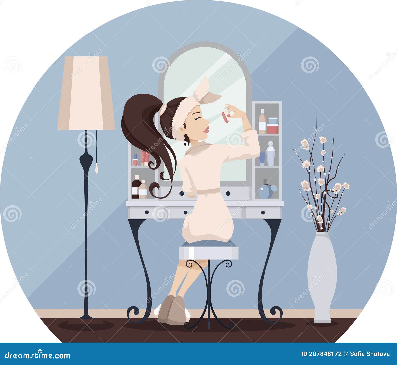 Woman Sitting at the Dressing Table and Using Makeup. Vector ...