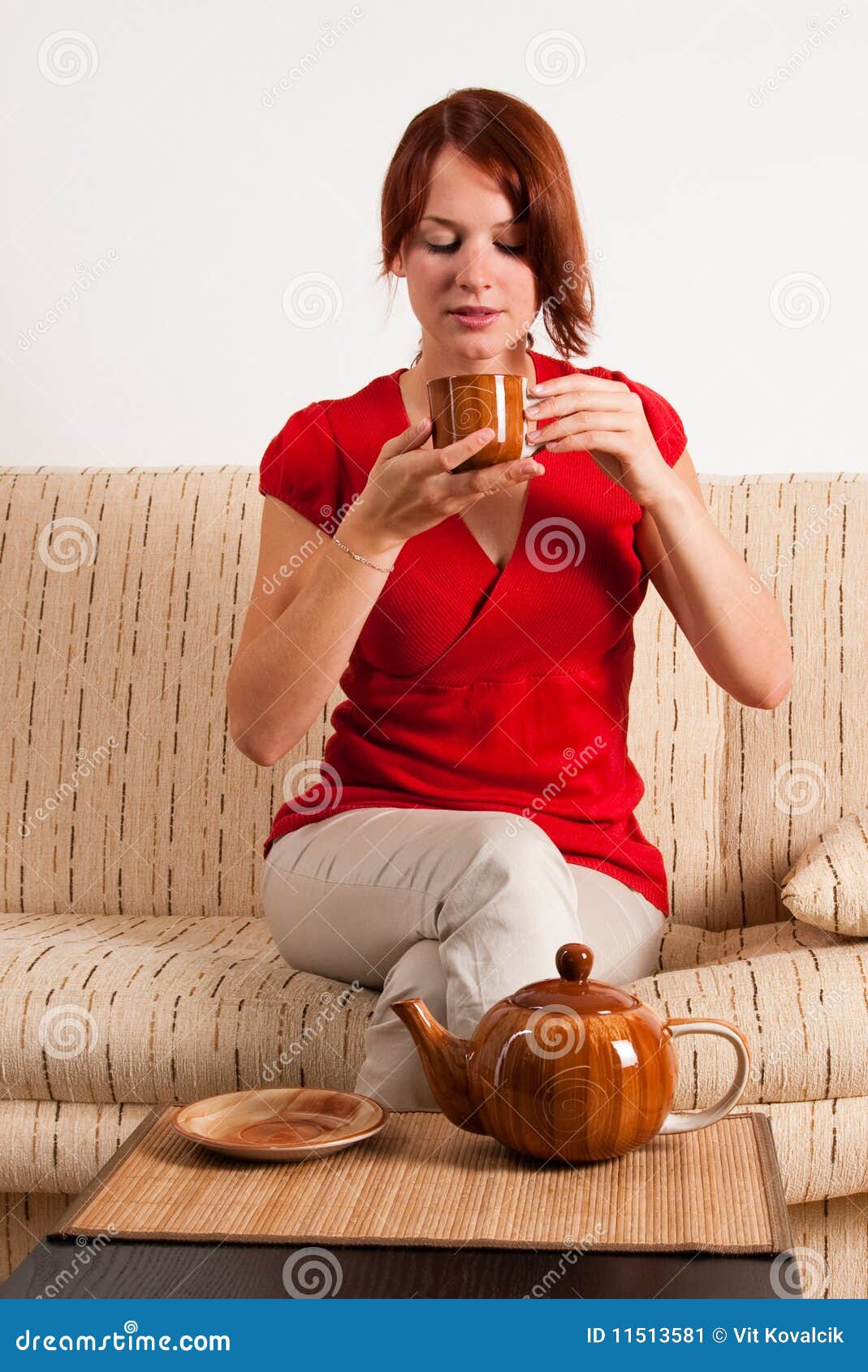 Woman Sitting and Drinking Tea. Stock Image - Image of modern, casual ...