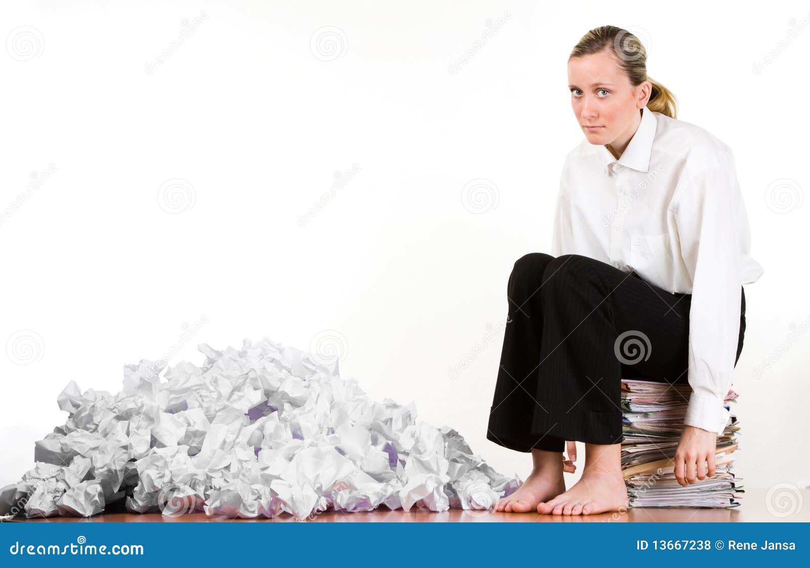 Woman sitting on files stock photo. Image of works, wads - 13667238