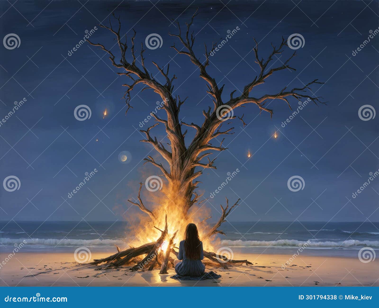 Woman Sitting by the Fire on a Beach at Night Stock Illustration ...