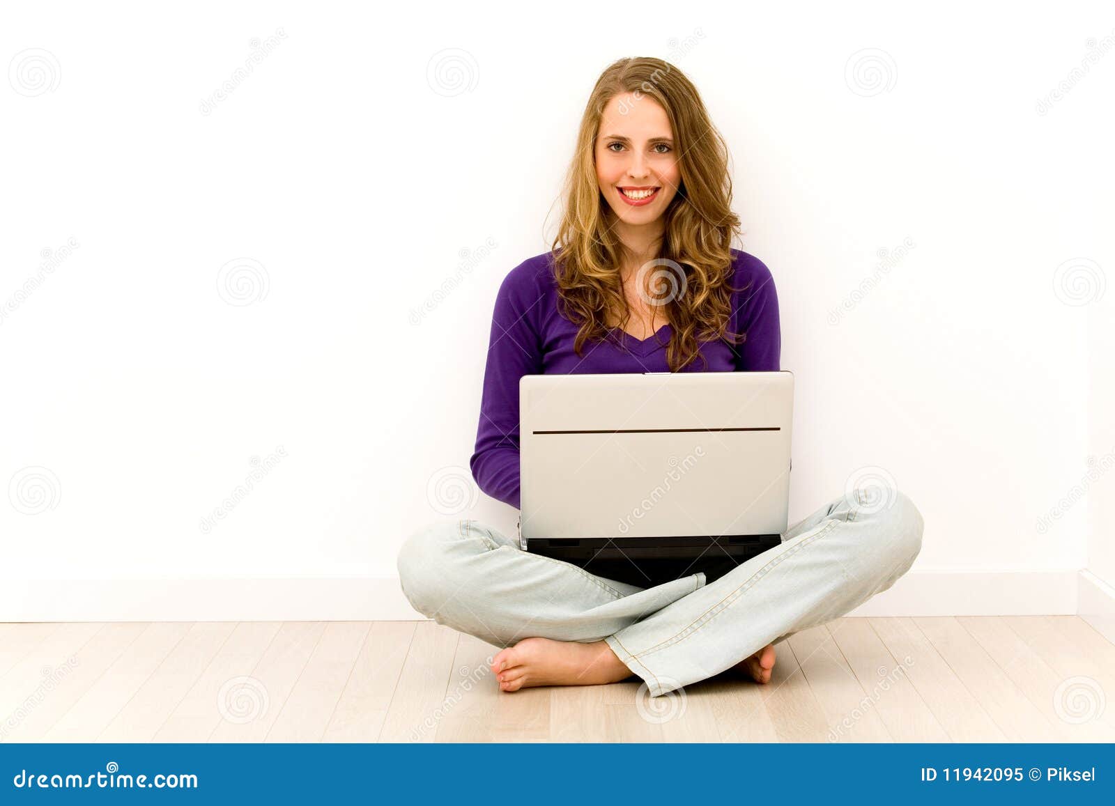 Woman Sitting on Floor Using Laptop Stock Image - Image of computer ...
