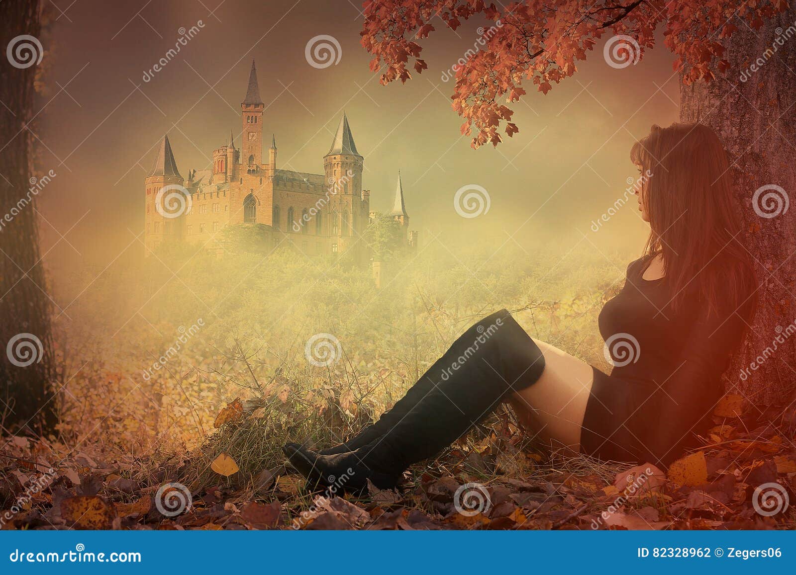 Woman Sitting in Front of a Castle Stock Photo - Image of woman, castle ...
