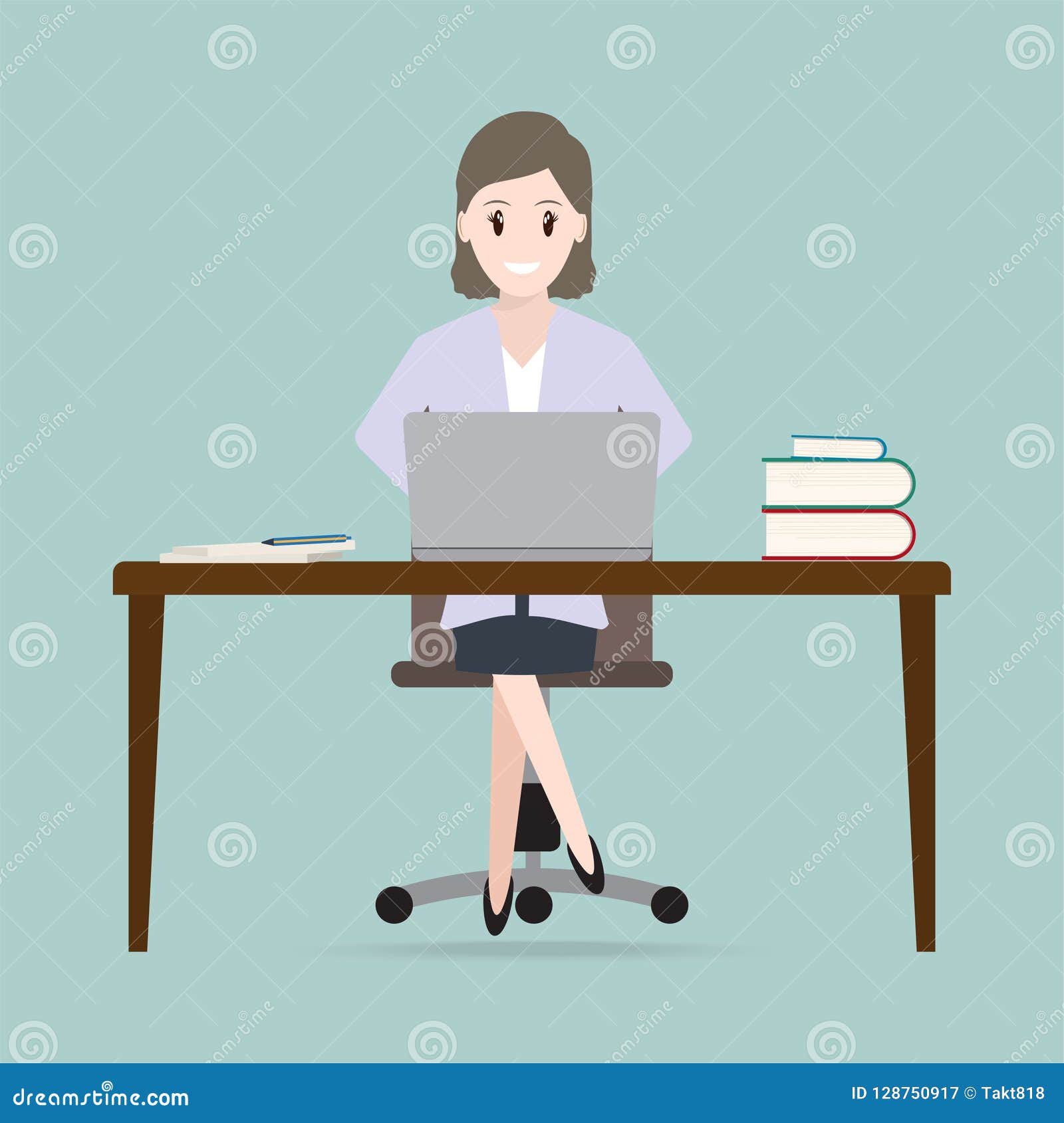 Woman Sitting Front of Computer on Work Table Icon Stock Vector ...