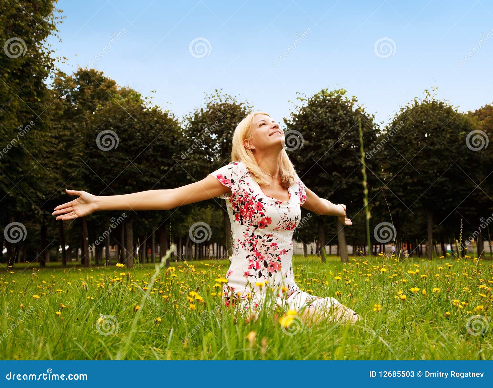 Woman Sitting in the Grass and Enjoy the Sun Stock Image - Image of ...