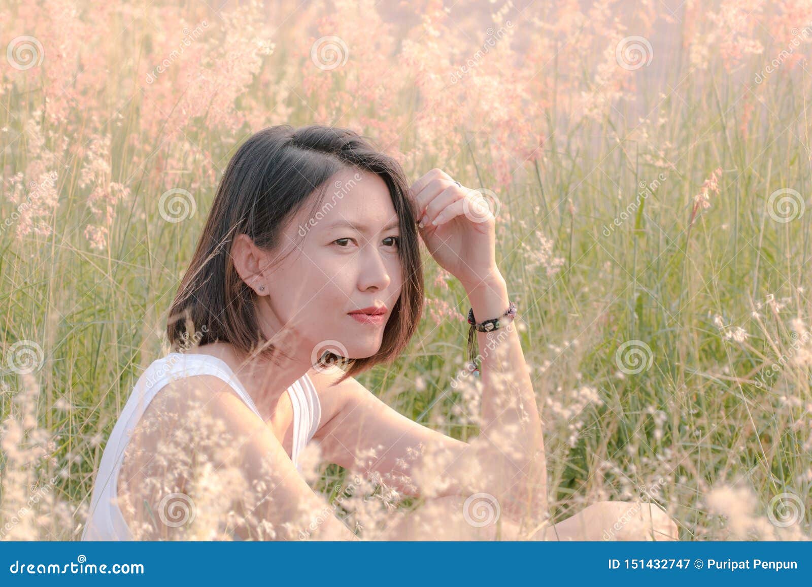 Woman Sitting In The Grass Field Stock Image Image Of Cute Happiness