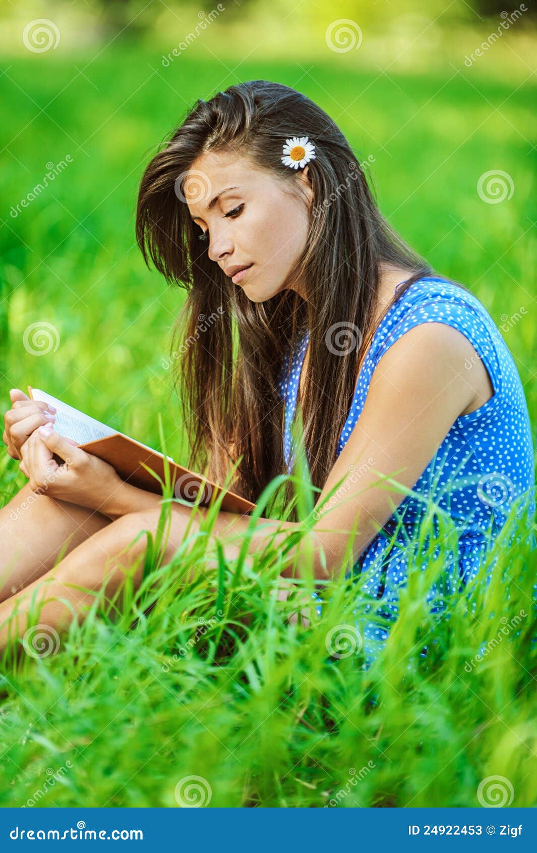 Woman Sitting On Grass And Reading Stock Image Image Of Legs Hair