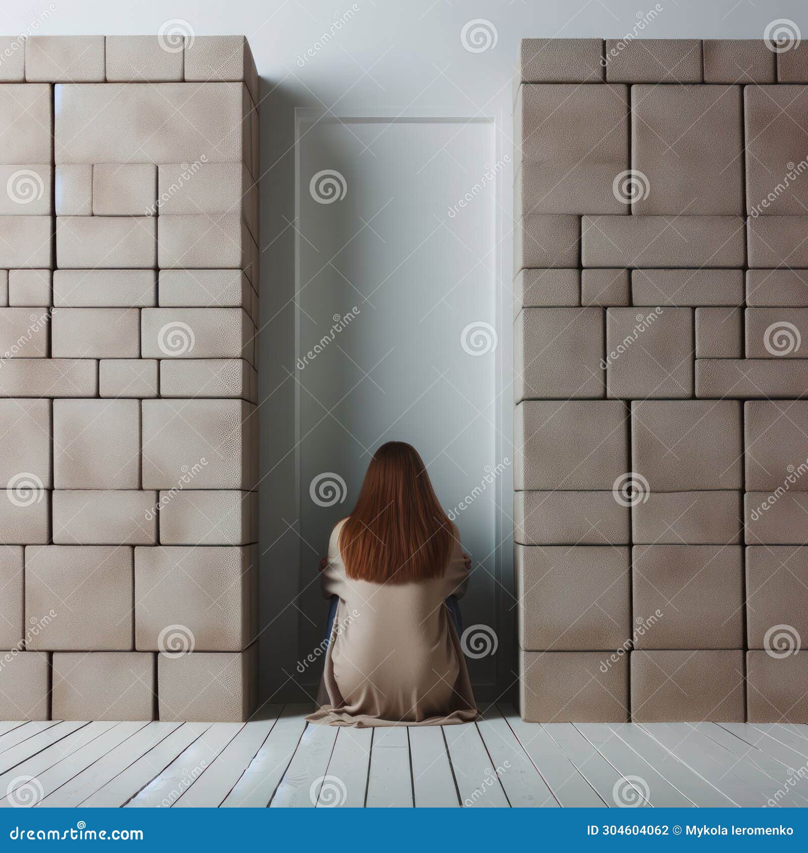 A Woman Sitting with Her Back between Two Walls. Stock Photo - Image of ...