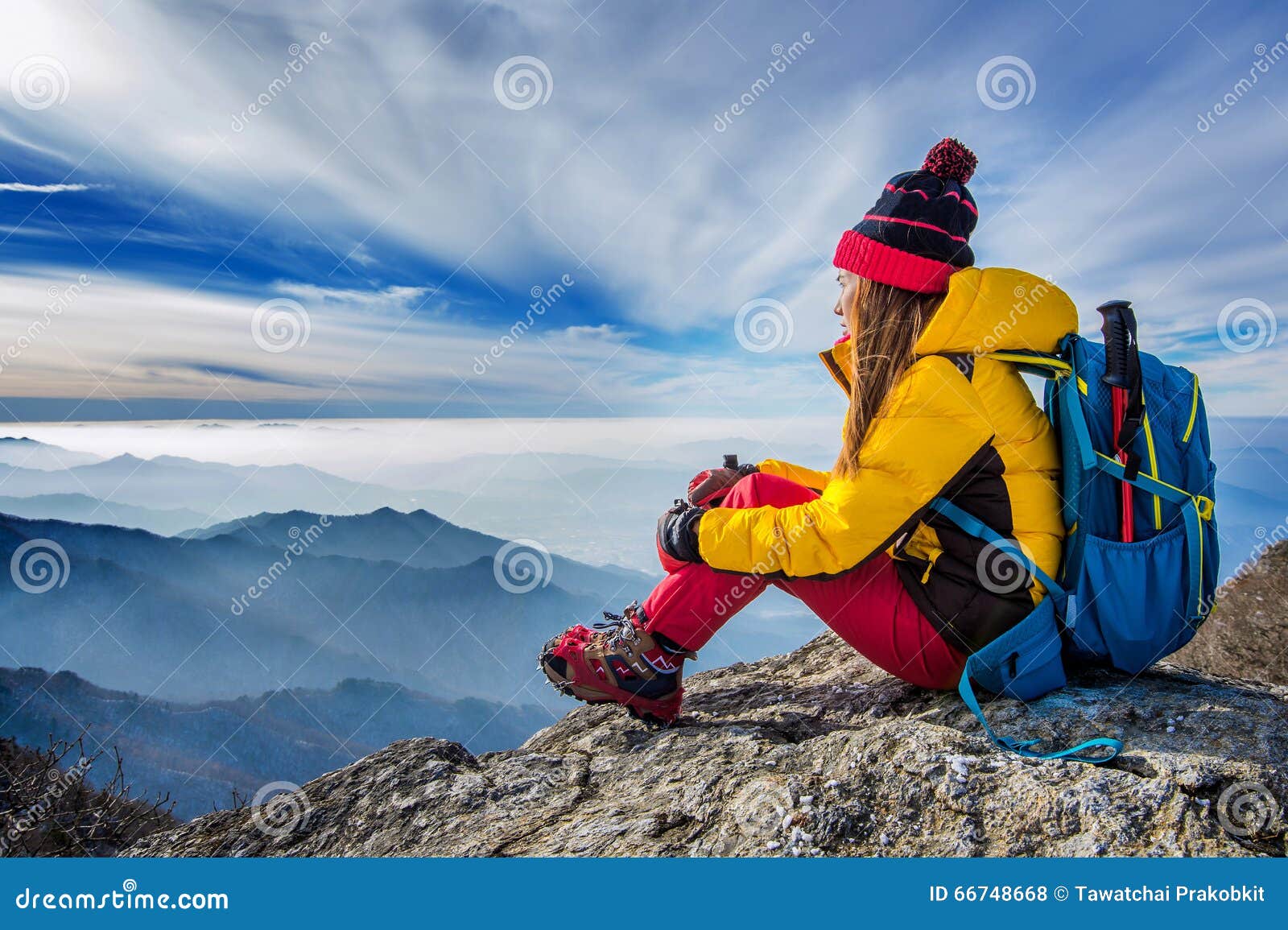 Woman Sitting on the Hill of High Mountains. Stock Photo - Image of ...