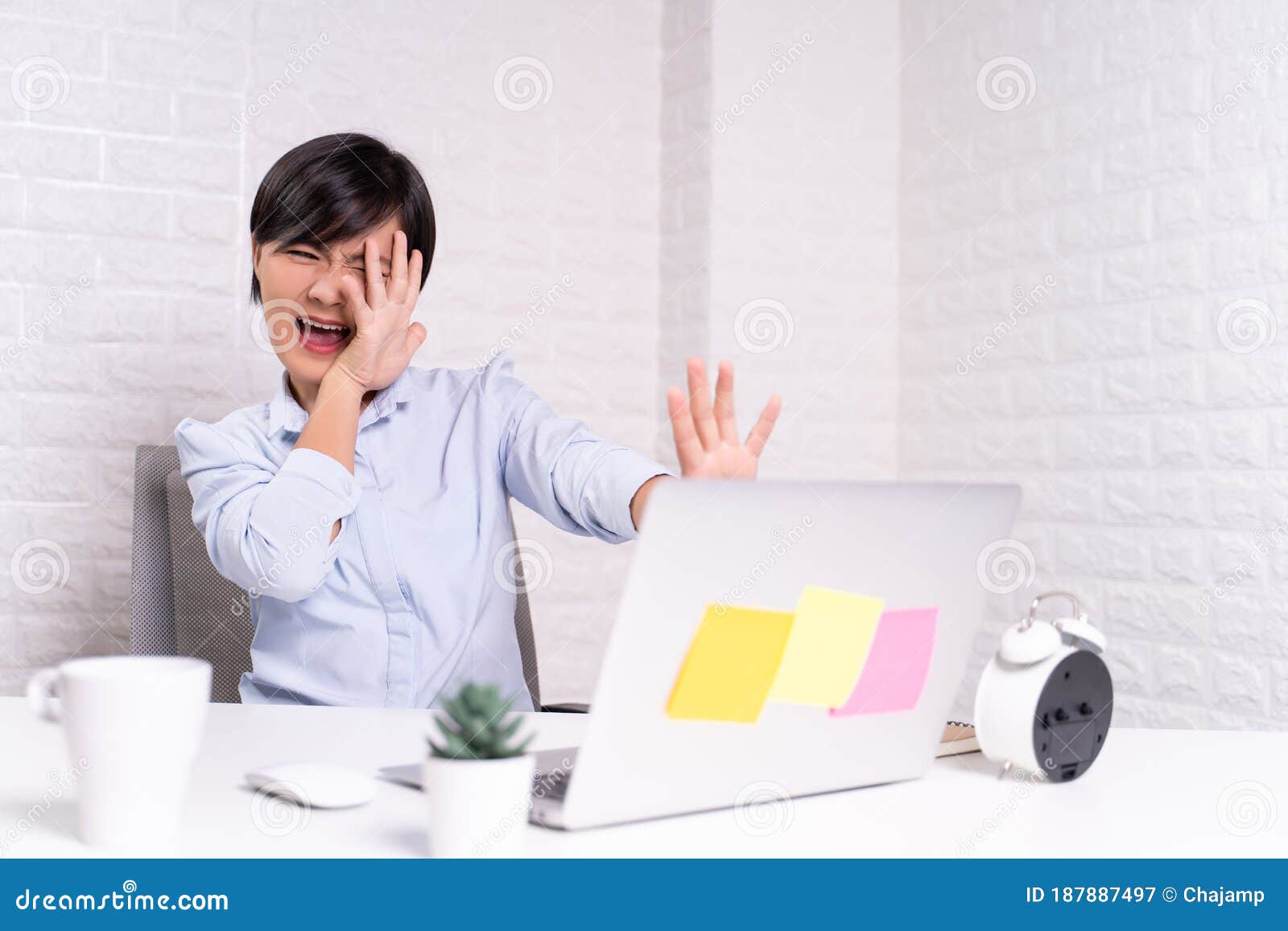 Woman Sitting at Home Office Working Using Computer Laptop and Shocking ...