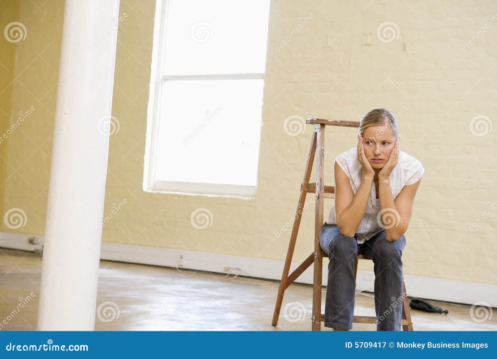 Ladder In Empty Room With White Wall And Wooden Floor Royalty-Free ...