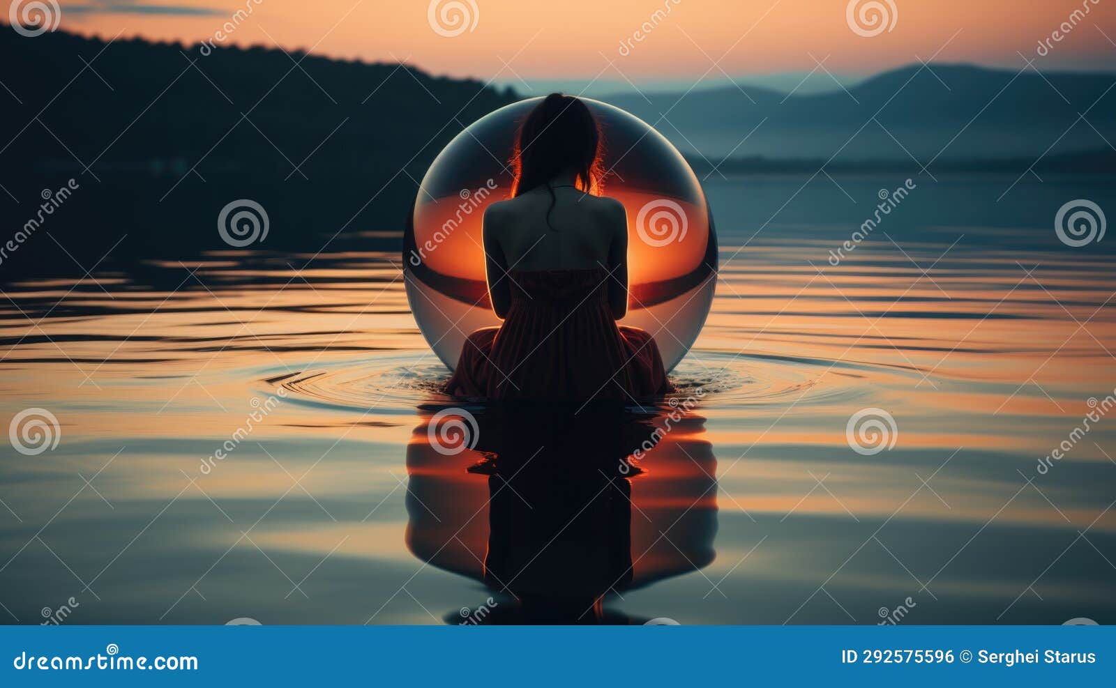 A Woman Sitting in a Large Sphere on the Water, AI Stock Photo - Image ...