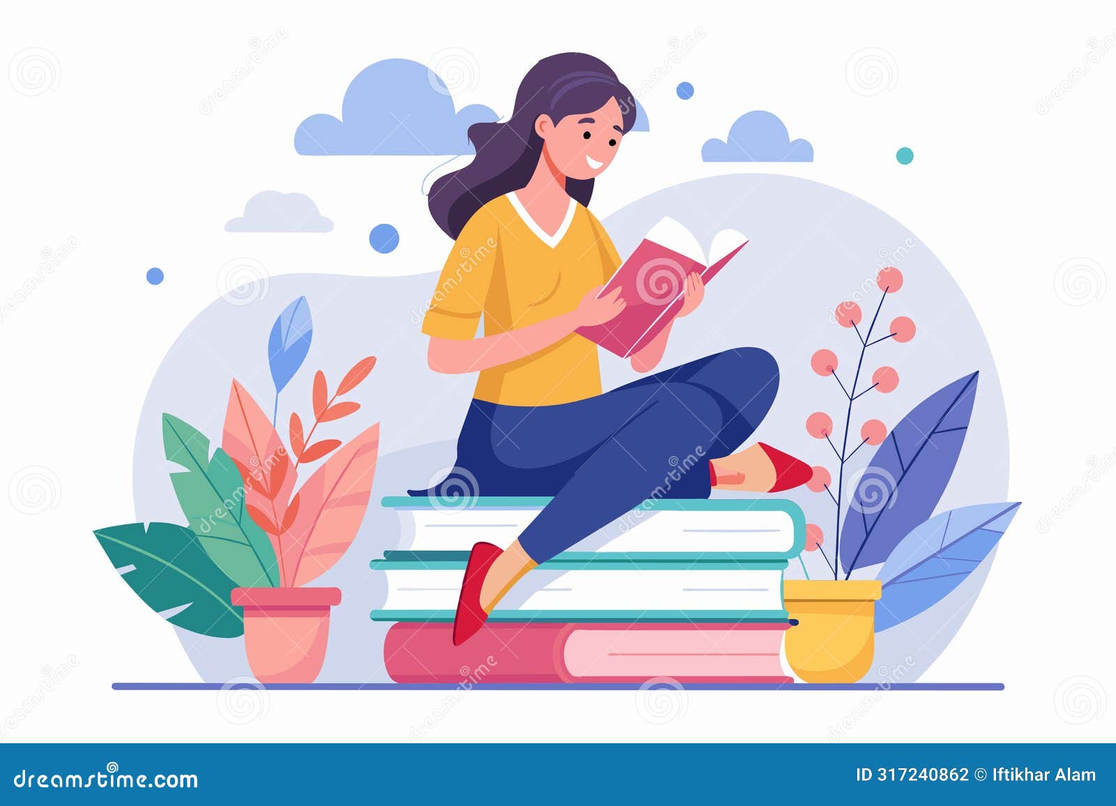 A Woman Sitting on a Large Stack of Books, Possibly Doing Homework or ...