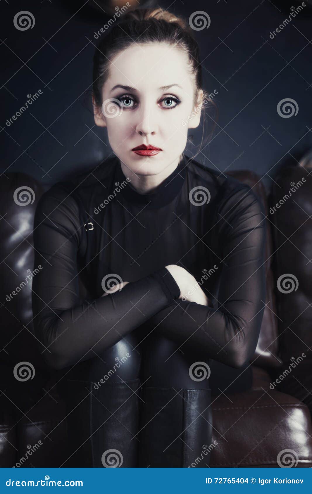 Woman Sitting on Leather Sofa Stock Photo - Image of beautiful, sofa ...