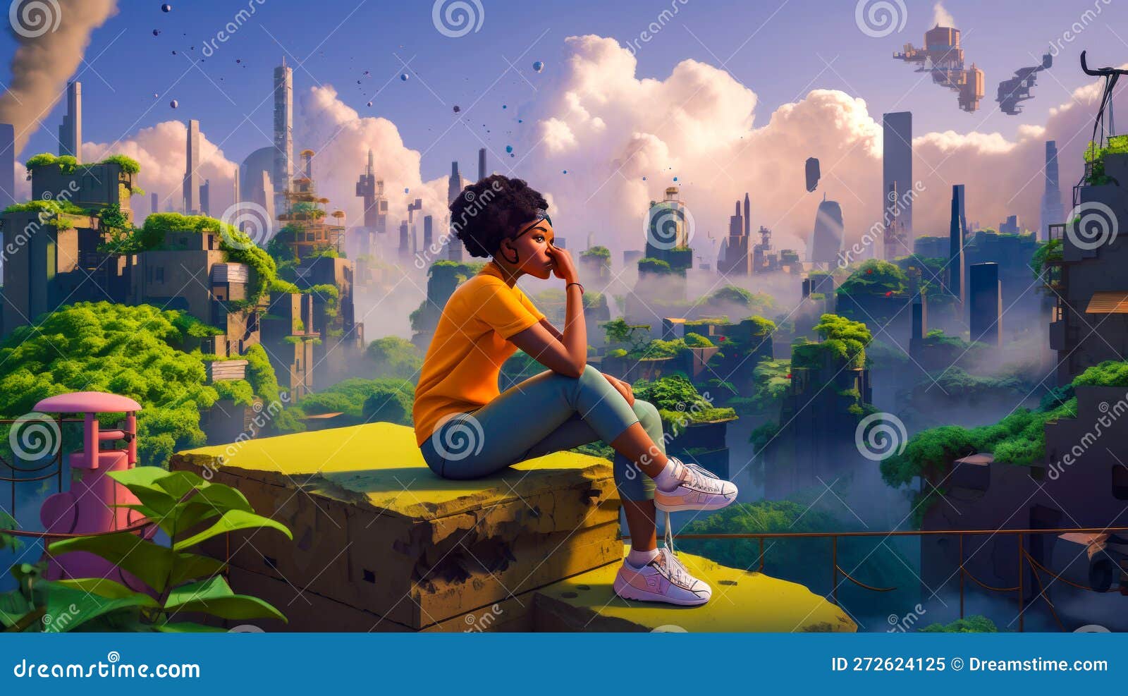 Woman Sitting on Ledge in Front of Cityscape. Generative AI Stock ...
