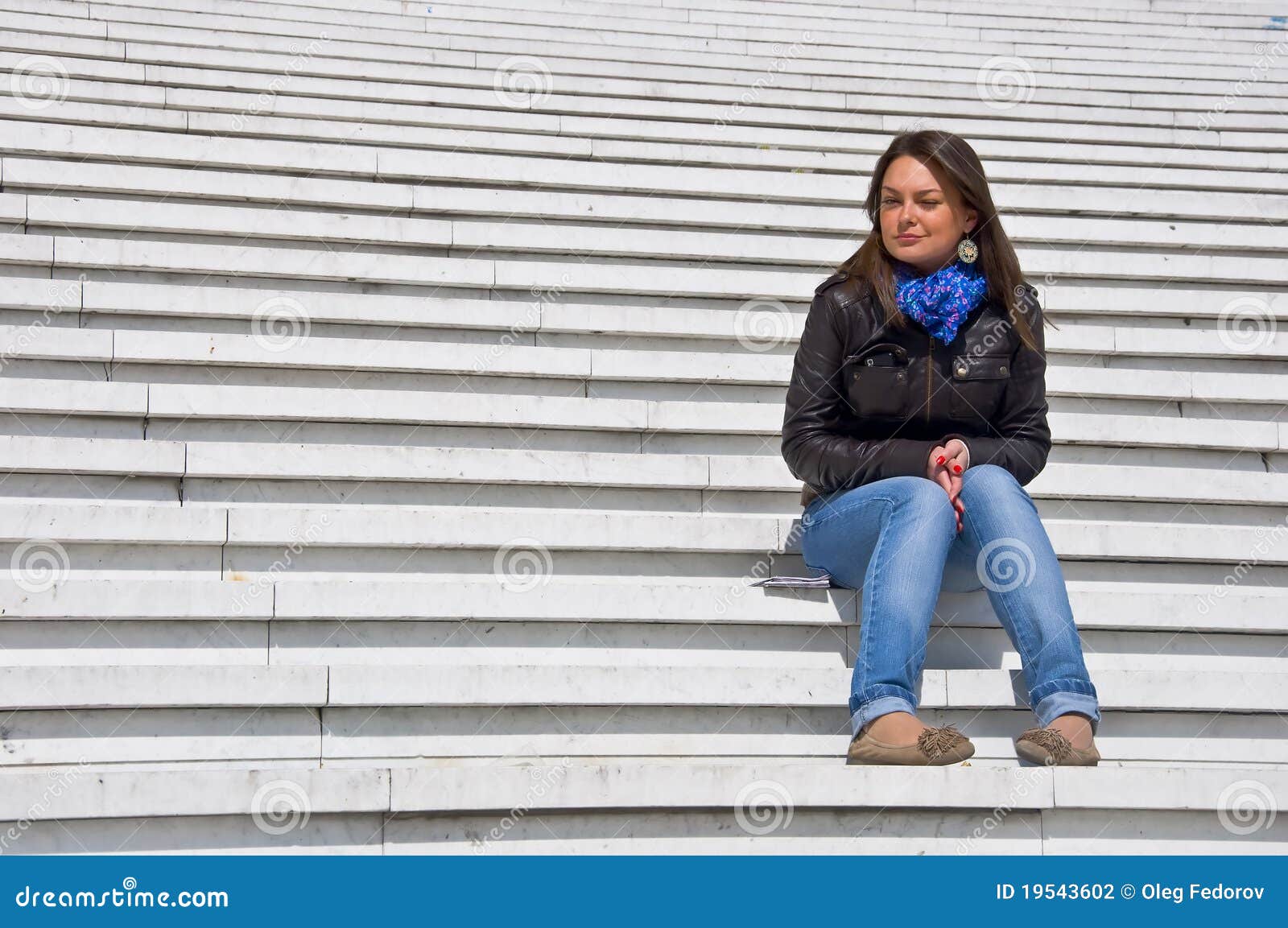 Woman Sitting on the Marble Steps Stock Photo - Image of camera ...