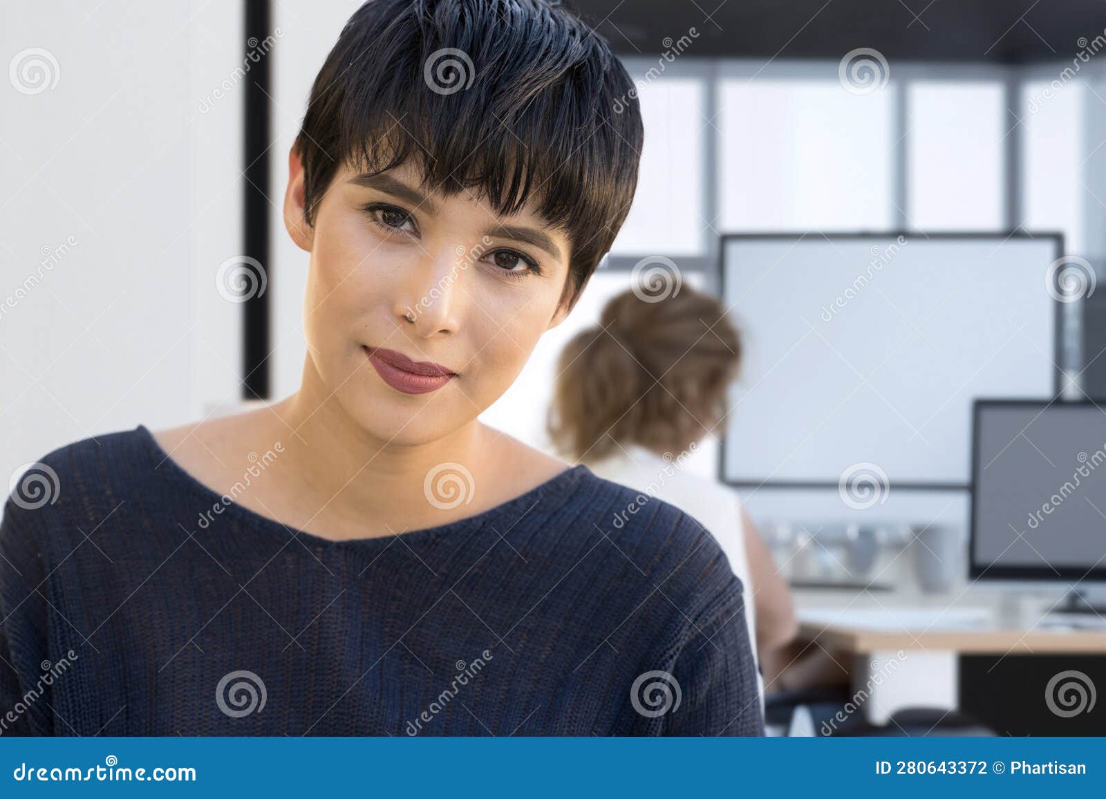 Woman Sitting at Office Desk Stock Photo - Image of female, model ...