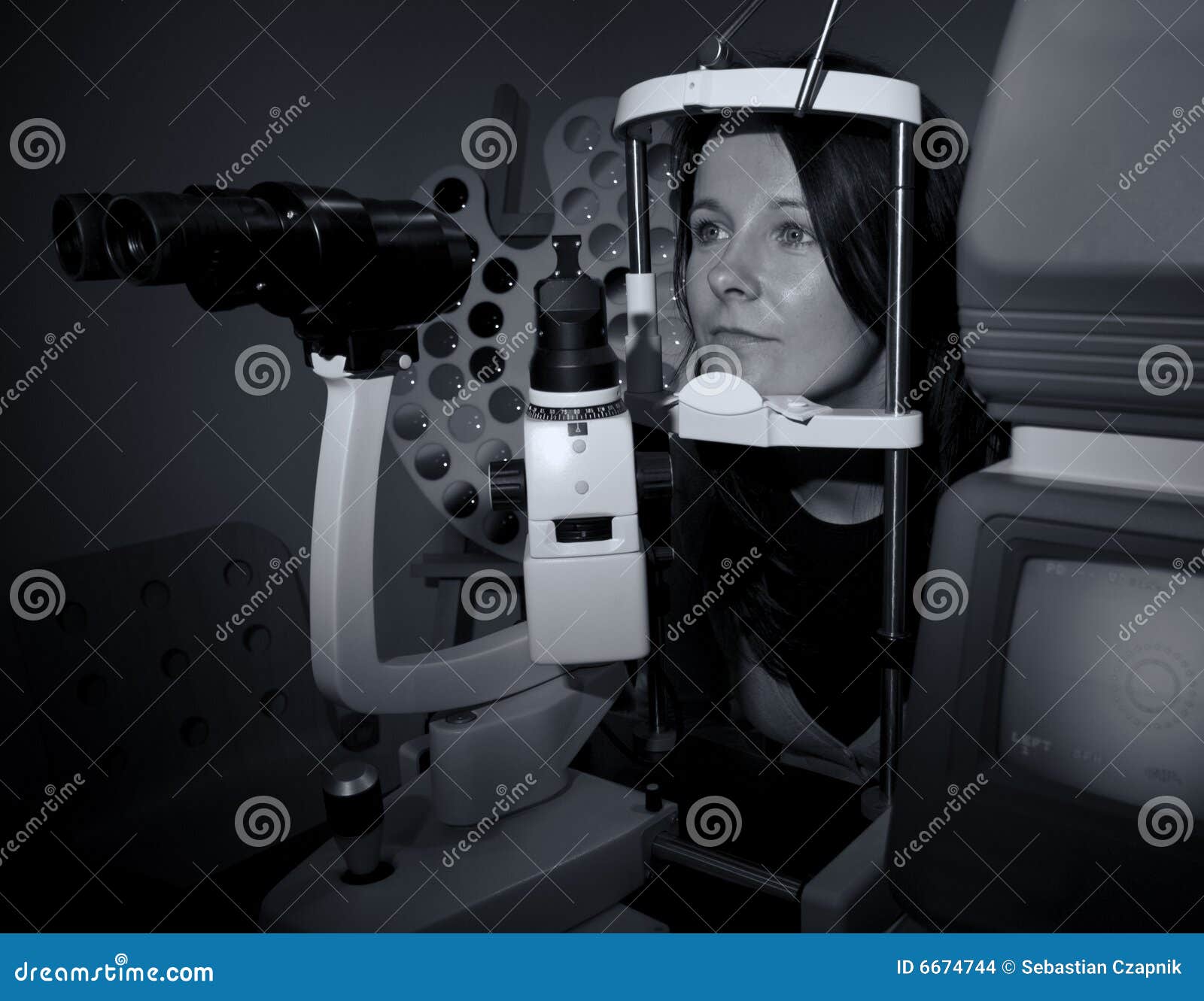 Woman Sitting in Optician Machine Stock Photo - Image of frame ...
