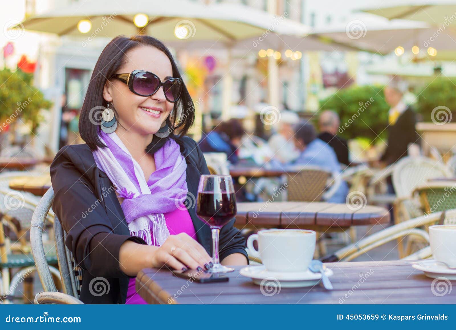 Woman Sitting In Outdoor Cafe Stock Image Image Of Relax Smiling