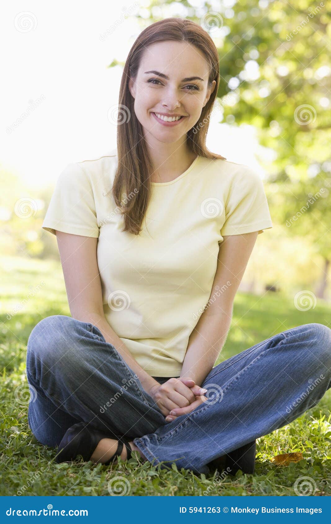 Woman Sitting Outdoors Smiling Stock Image Image Of Portrait