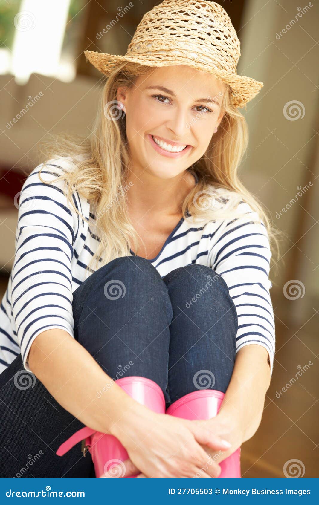 Woman Sitting Outside House Stock Image - Image of caucasian, thirties ...