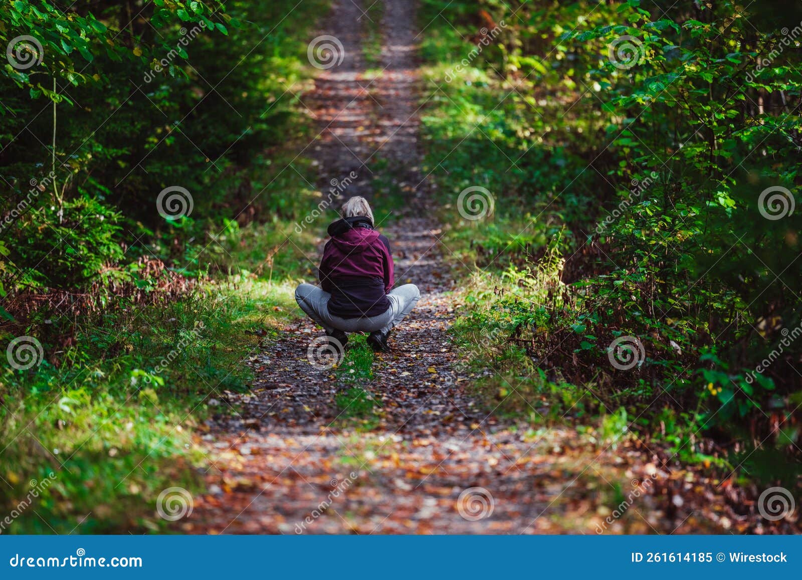 Woman Sitting on a Path between Trees in a Forest Stock Image - Image ...