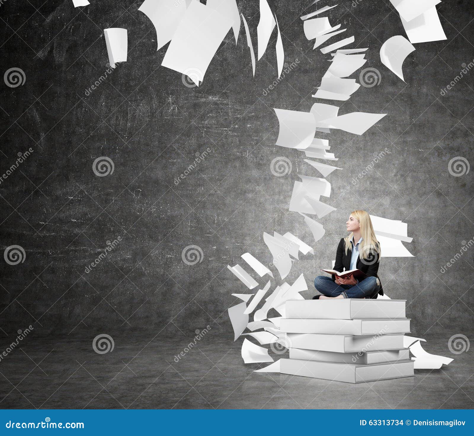 Woman Sitting on a Pile of Books Thinking about Problem Stock Photo ...