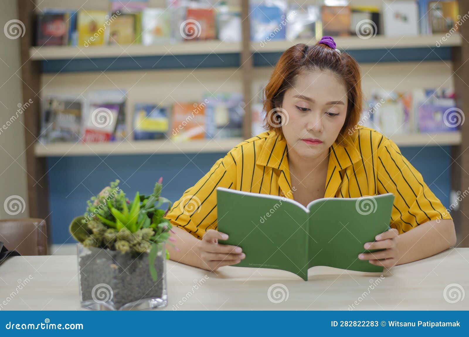 Woman Sitting and Reading a Book in the Library Stock Image - Image of ...