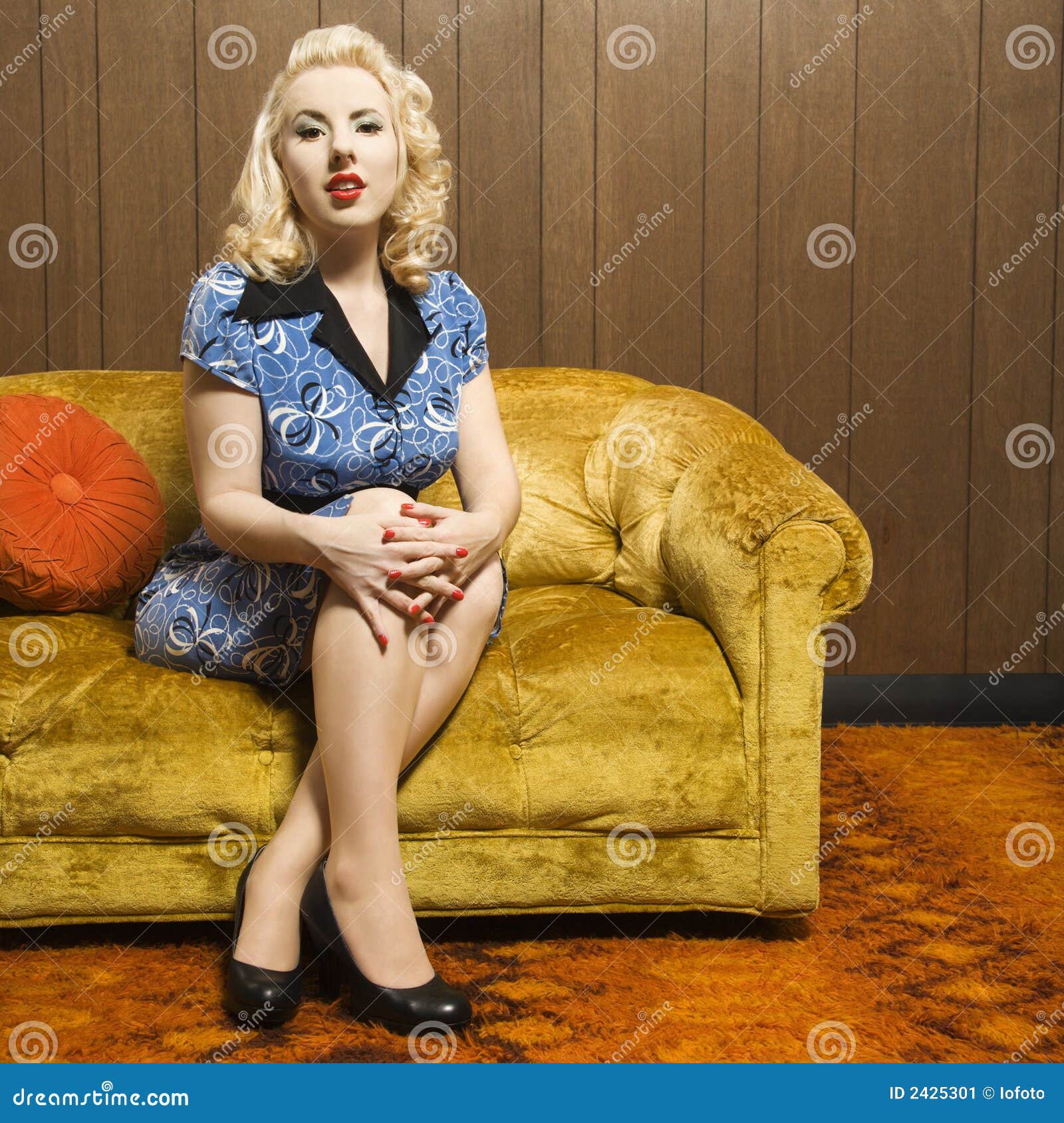 Woman Sitting on Retro Couch. Stock Image - Image of person, vintage ...