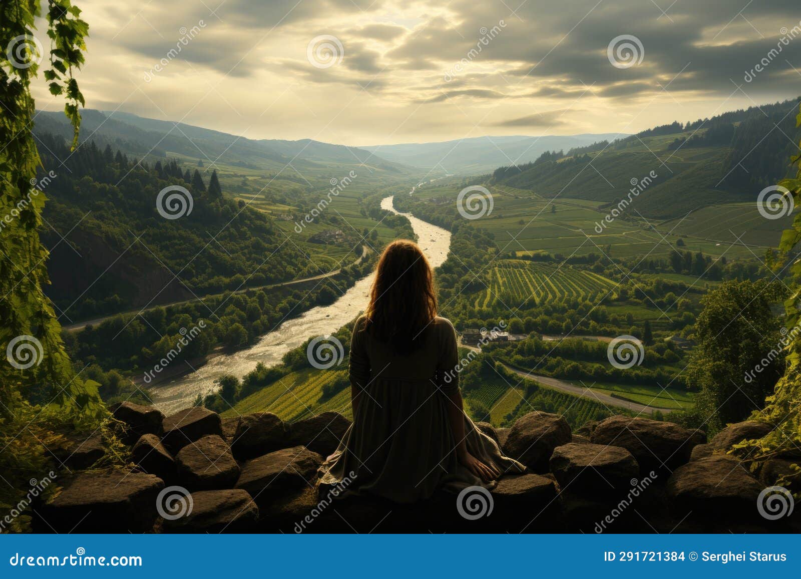 A Woman Sitting on a Rock Overlooking a Valley, AI Stock Photo - Image ...