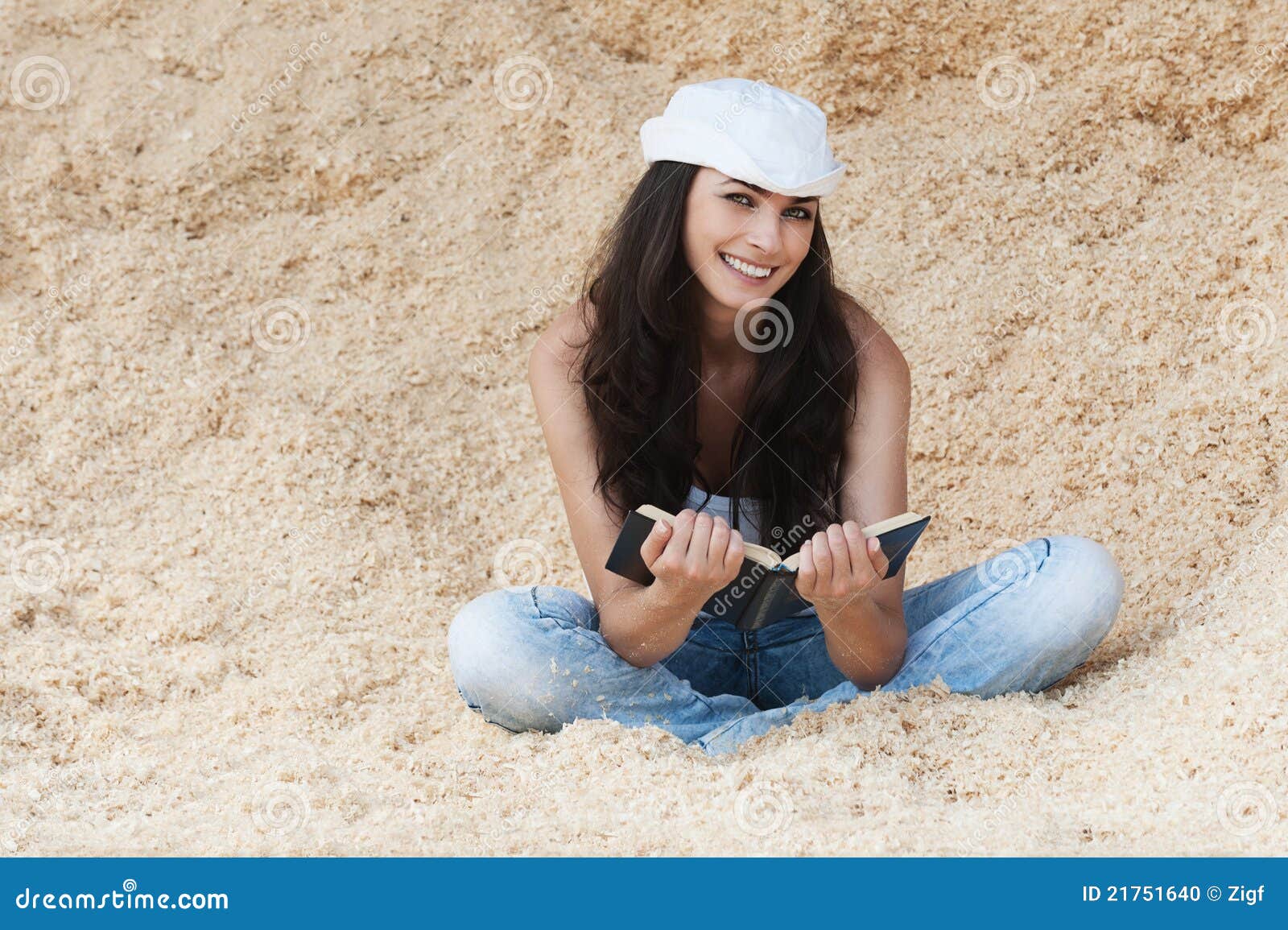 Woman Sitting Sand Reading Book Stock Photo - Image of attractive ...