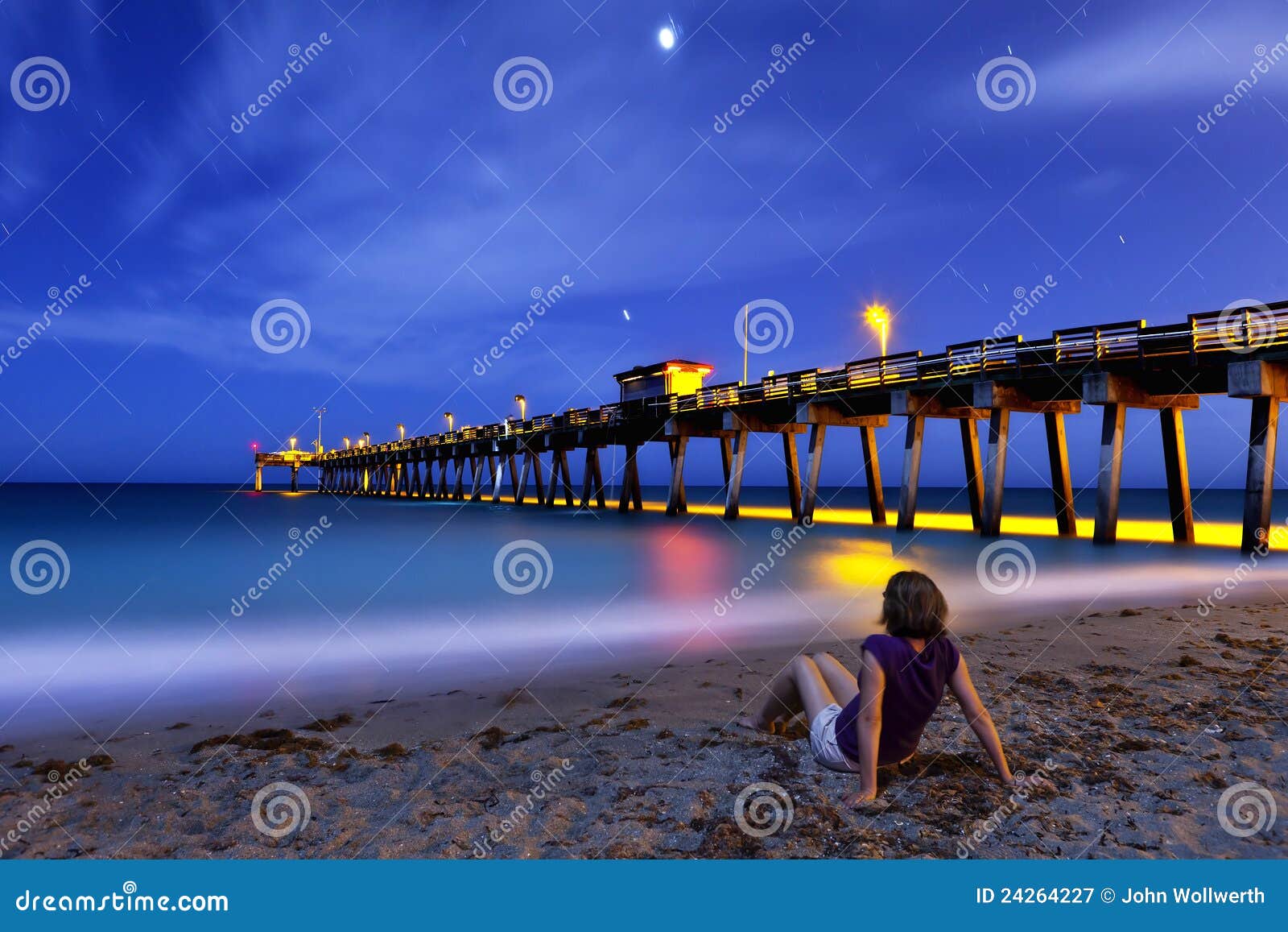 Woman Sitting on Shore at Night Stock Image - Image of think, blue ...