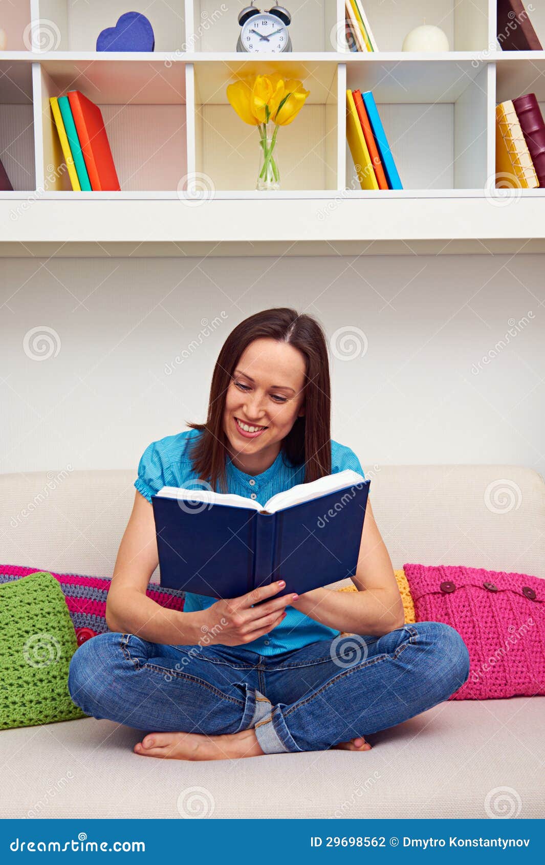 Woman Sitting on Sofa and Reading the Book Stock Photo - Image of ...