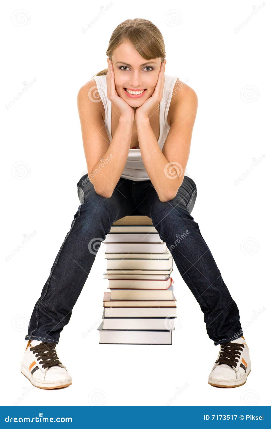 Woman Sitting on Stack of Books Stock Image - Image of schoolgirl, book ...