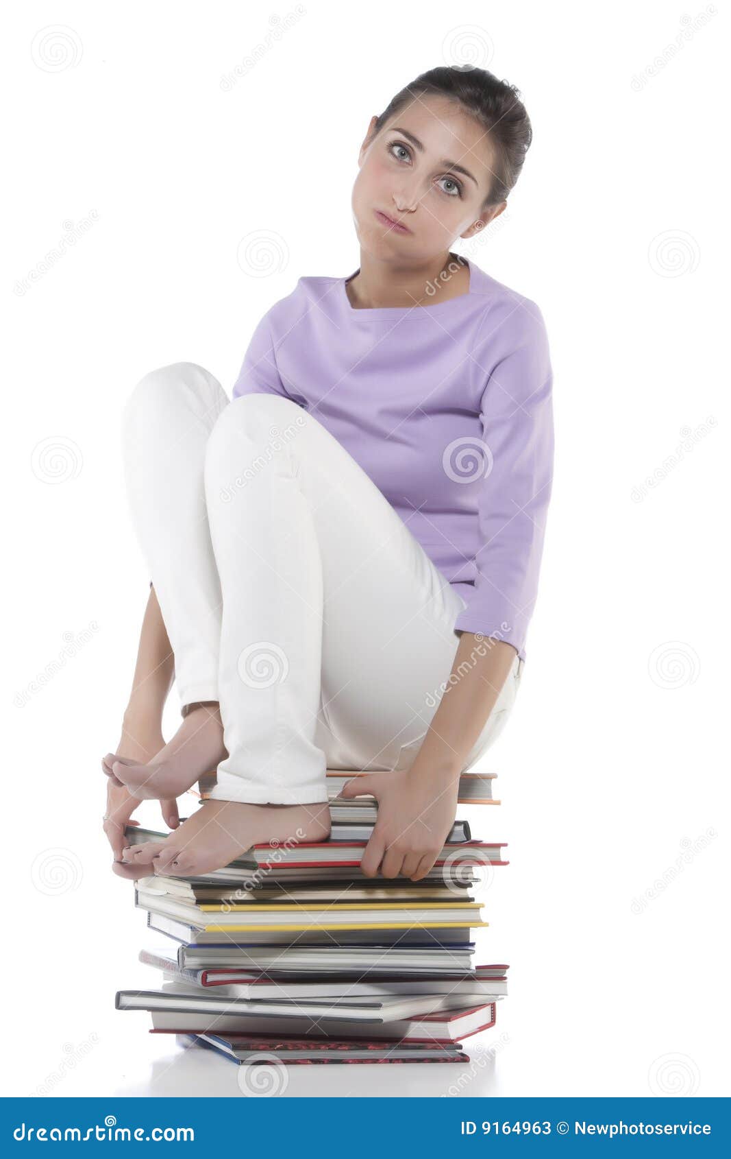 Woman Sitting on Stack of Books Stock Image - Image of people, stack ...