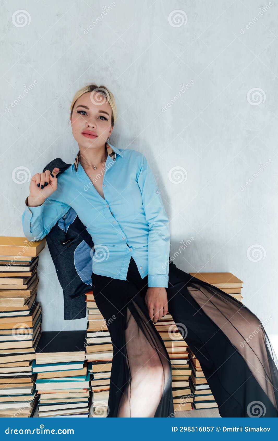 Beautiful Woman Sitting with Stacks of Educational Library Books Stock Image - Image of ...