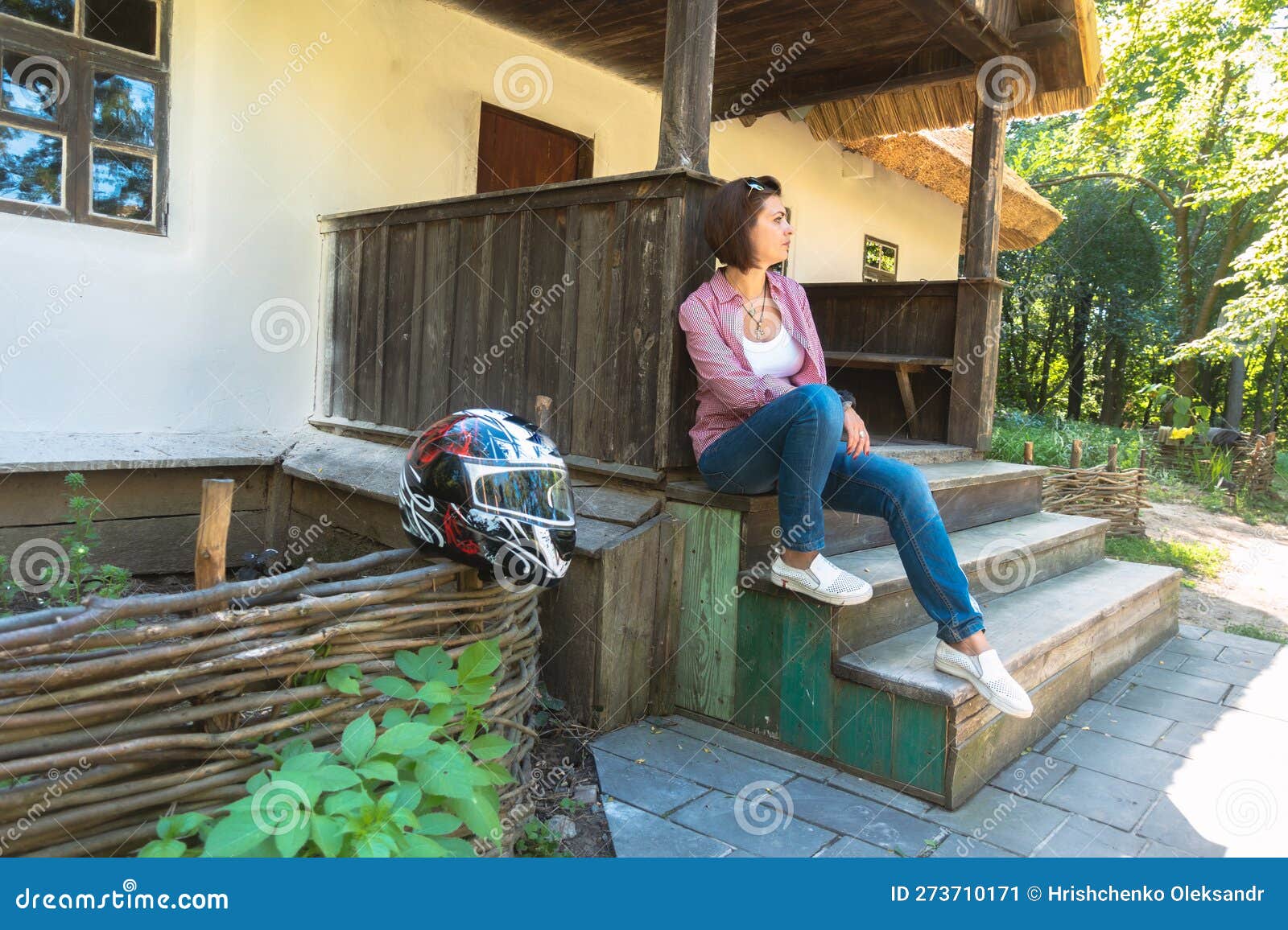 Woman Sitting on the Steps of Her House Stock Image - Image of calm ...