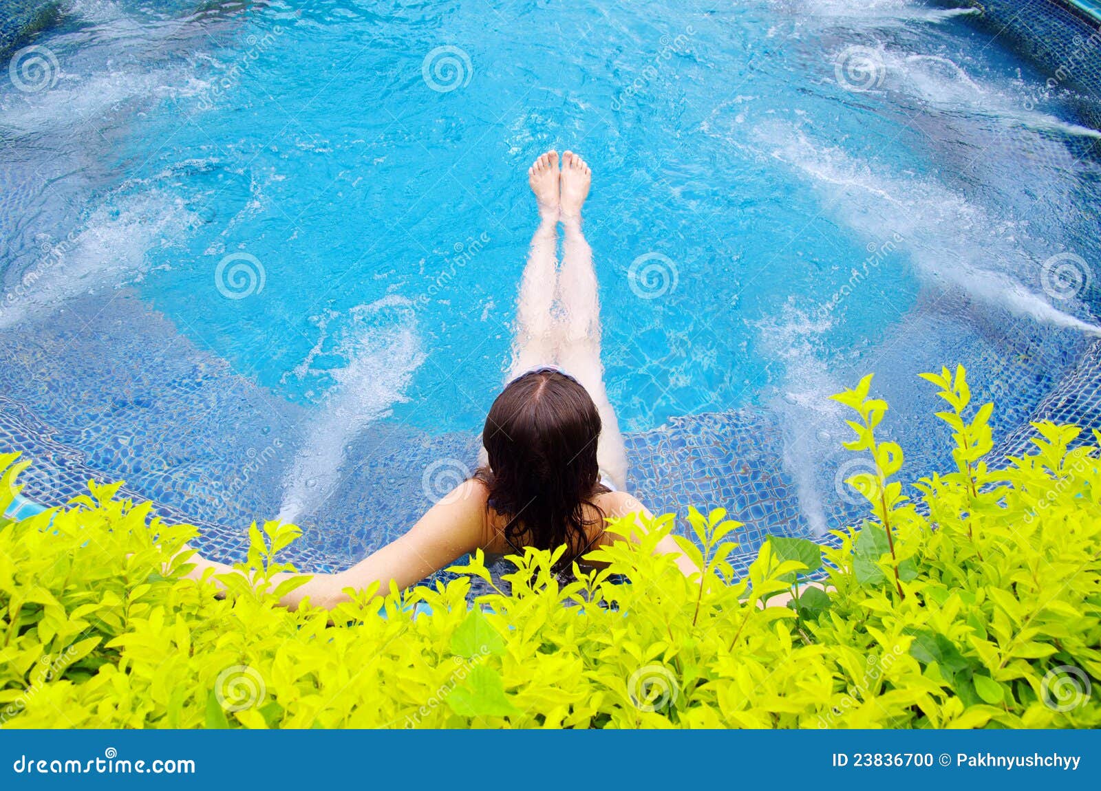 Woman Sitting in Swimming Pool Stock Photo - Image of hair ...