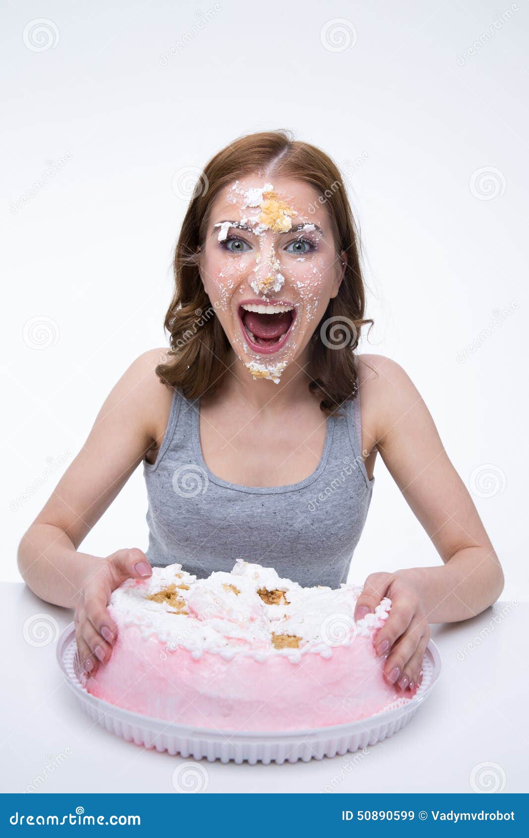 Woman Sitting at the Table with Cake on Her Face Stock Image - Image of ...