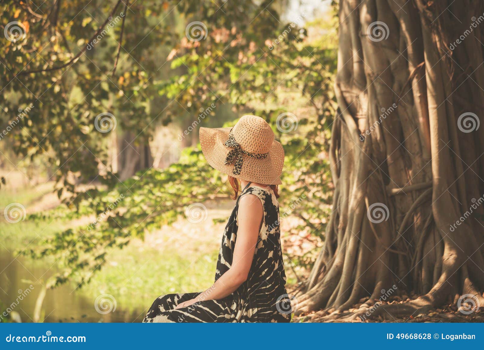 Woman Sitting Under Tree by the River Stock Photo - Image of forest ...